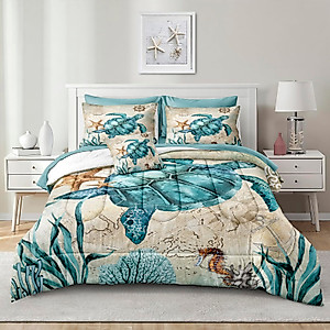Merryword 8 Pieces Blue Green Comforter Set Queen Size Ocean Life Bed in a Bag Turtle Beach Bedding Set Hawaii Style Summer Lightweight Bedding Comforter Set