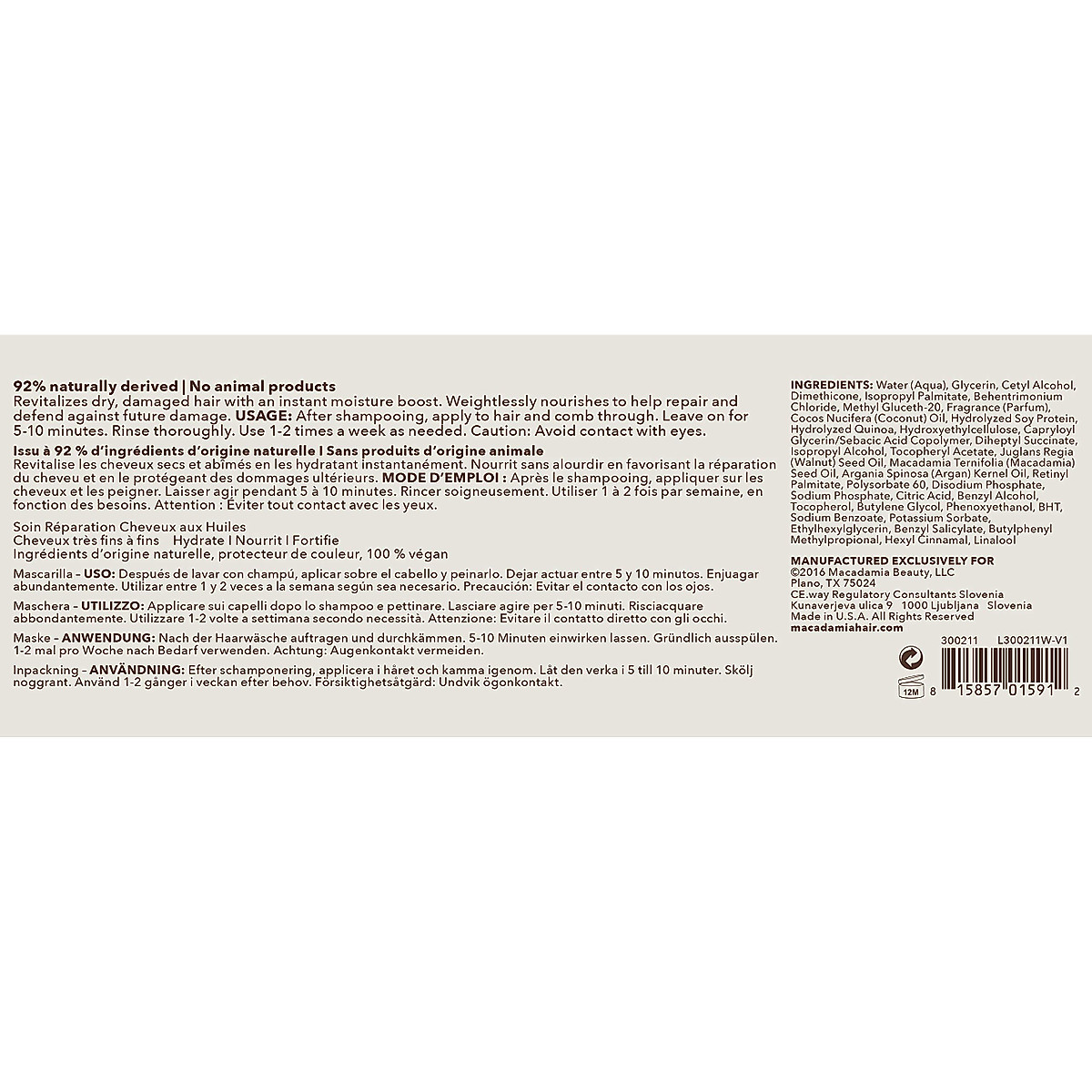 Macadamia Professional Hair Care Products Weightless Repair Hair Masque - For Thin Fine Hair - Color-Safe, Cruelty-Free and 100% Vegan - 7.5 Fl. Oz.