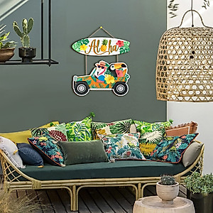 POILKMNI Hawaii Summer Door Wooden Sign Surfboard Aloha Signs Hanger Tropical Welcome Hanging for Front Porch Bedroom Living Room Kitchen Home Wall Decor Green/Yellow/White