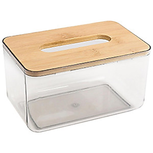 Cabilock Car Napkin Holders Tissue Holder Rectangular Tissue Box Holder Dryer Sheet Dispenser Box with Wood Lid Transparent Napkin Container Tissue Organizer for Living Room Bathroom