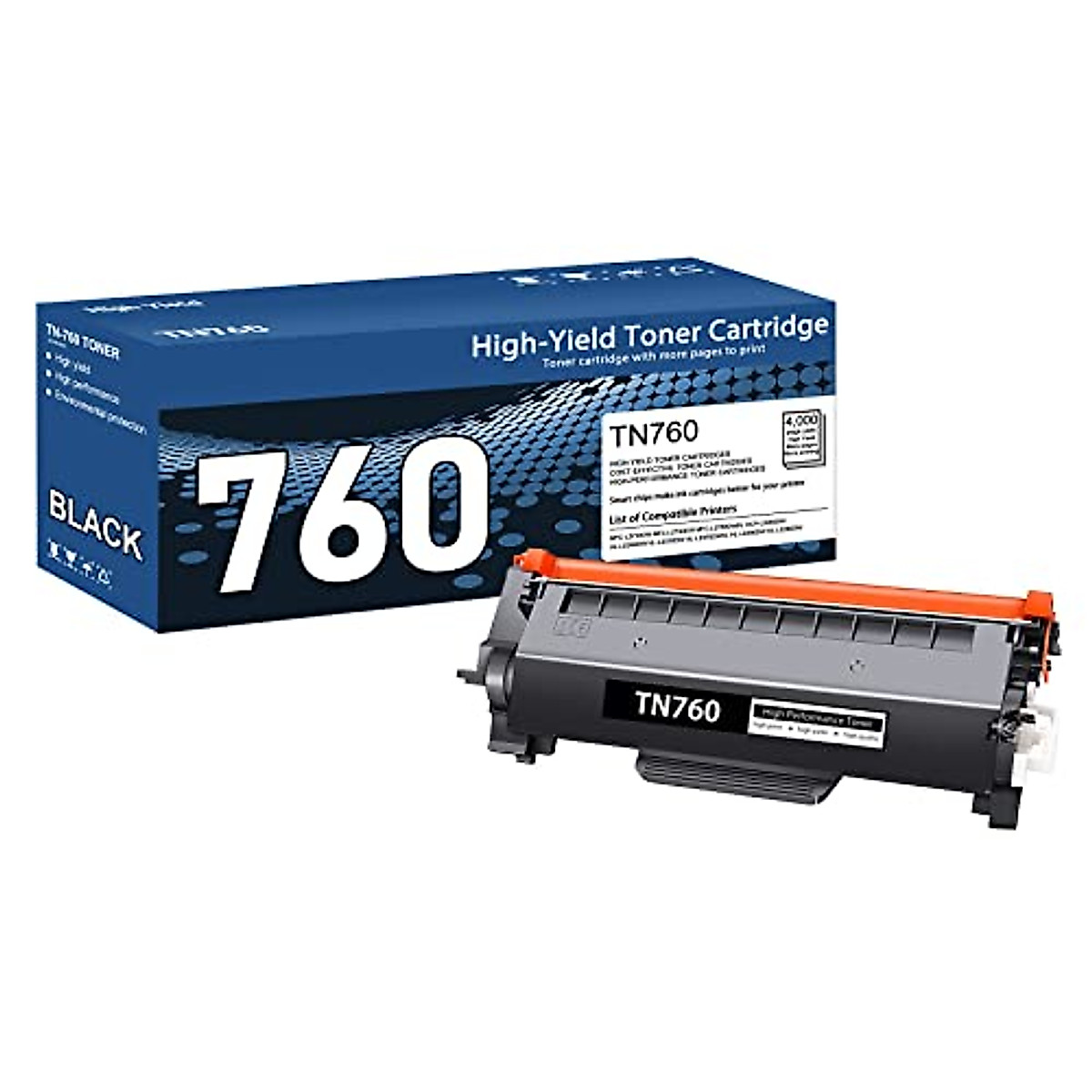 TN760 High Yield Black Toner Cartridge, TN-760 Toner, Page Yield Up to 4,000 Pages, 1 Pack, Replacement for Brother MFC-L2710DW MFC-L2750DW HL-L2370DW HL-L2395DW HL-L2350DW DCP-L2550DW Printer Toner