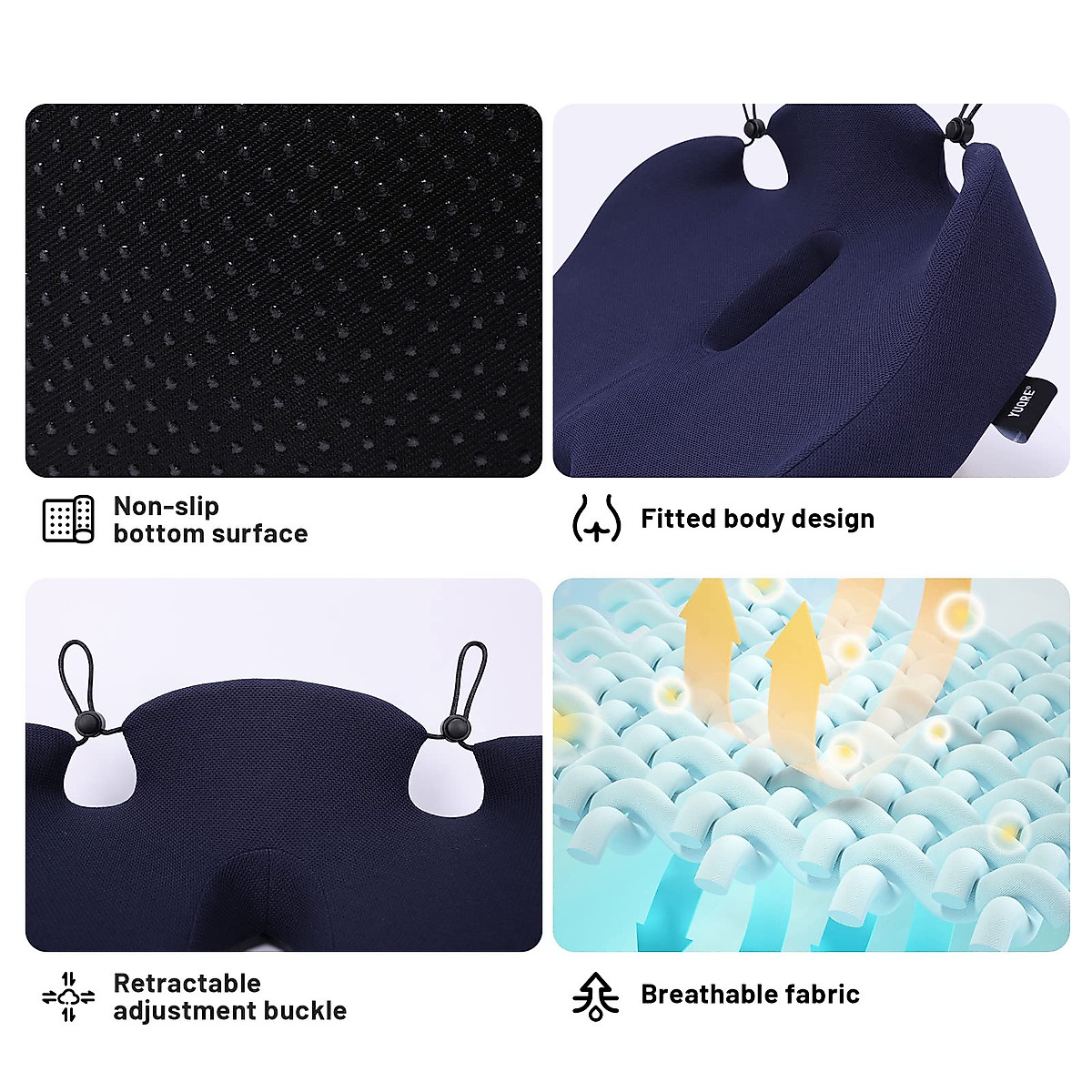 Yuqre Seat Cushion, Office Chair Car Seat Cushion, Breathable Memory Foam Non-Slip for Back, Coccyx, Sciatica, Tailbone Pain Relief