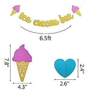 Gold Glittery Ice Cream Bar & Ice Cream Sign Banner and Pink, Blue, Gold Heart Paper Garland Birthday Party Ice Cream Theme Party Summer Theme Party Baby Shower Wedding Decorations Cute Photo Prop