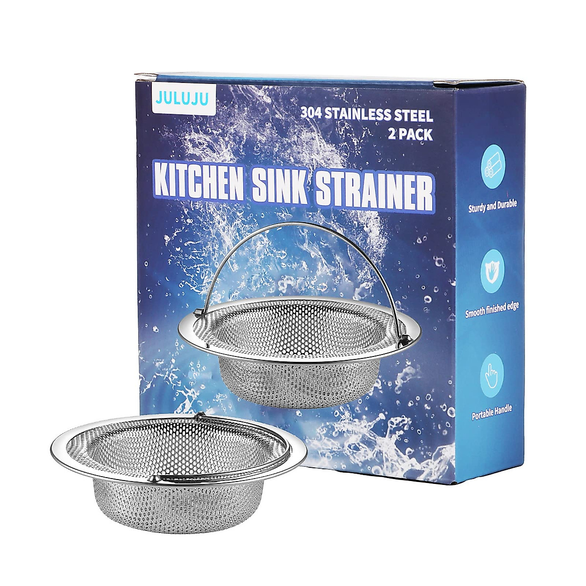 JULUJU 2 Pack Upgrade Kitchen Sink Strainer (Sink Drain Strainer) - 304 Stainless Steel Rust Free, Fordable Handle, 4.5 Inch Diameter