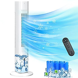 35’’ Evaporative Cooler Tower Fan 3-IN-1 Portable Air Conditioner, Remote Control, 120 Degree Oscillation, 3 Speeds, Normal/Sleep/Cool Modes, 7 Hour Timer & 4 Ice Packs for Home Office School Outdoor