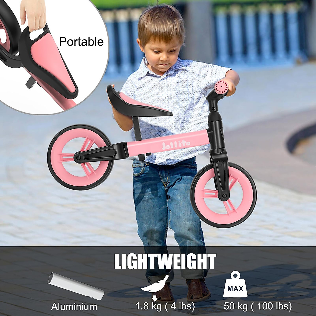 JOLLITO Toddler Balance Bike for 18 Months, 2, 3, 4 Years Old Girl Boy, Adjustable Seat and Handlebar, 9 Inch Wheel, Aluminium Frame, Best Gifτ for Beginners