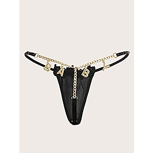 SOLY HUX Women's Mesh Floral Applique Chain Thongs Underwear Panties Sexy Panty Black S
