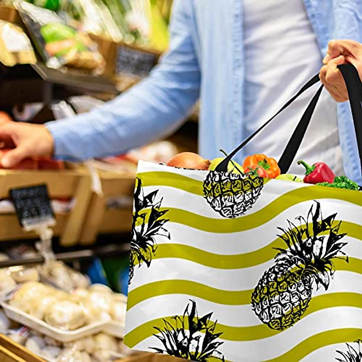 50L Shopper Bags Ananas Waves Collapsible Shopping Box Grocery Tote Bag with Handles, Reusable