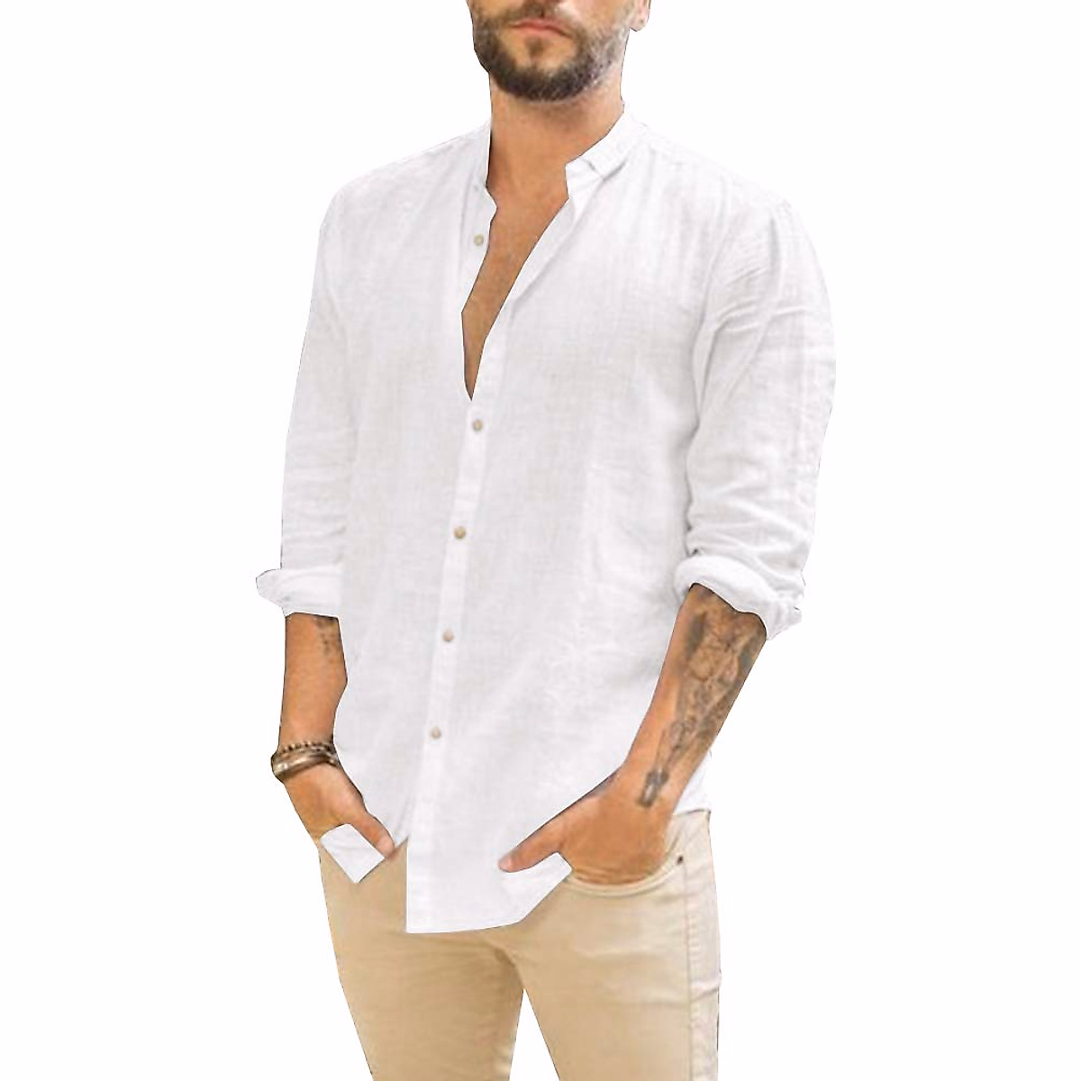 Makkrom Men Linen Shirt Button Down Long Sleeve Cotton Beach Band Collar Casual Summer Shirts