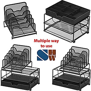 SimpleHouseware Mesh Desk Organizer with Sliding Drawer, Double Tray and 5 Stacking Sorter Sections, Black