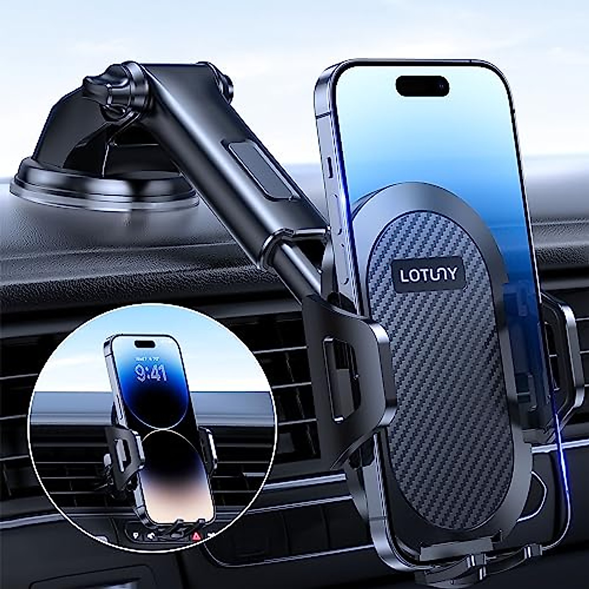 LOTUNY Universal Phone Mount for Car, [Military-Grade Reliable Suction] Hands-Free Car Phone Holder Mount, Automobile Cell Phone Holder Car for Dashboard Windshield Vent Fit for All Smartphones