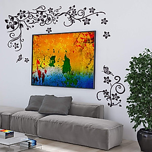 RW-027 Removable Black Vinyl Flower Vines Wall Decal Butterfly Wall Stickers Floral Wall Decor 3D Peel and Stick Art for Girls Bedroom Nursery Living Room Kids Babys Rooms Classroom Wall Decoration