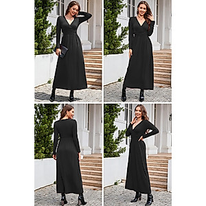 OUGES Womens Long Sleeve Black Dress V-Neck Wrap Waist Fall Formal Maxi Dress Winter Dresses for Women 2025(Black,XL)