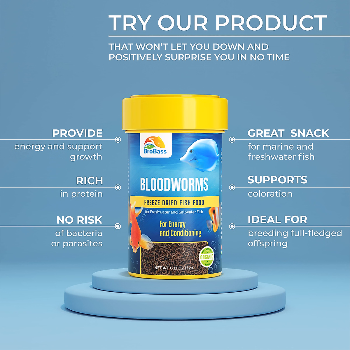 BroBass Freeze Dried Blood Worms for Fish - Aquarium Bloodworms Fish Food for Freshwater and Saltwater - Blood Worms for Tropical Fish, Betta, Goldfish, Cichlid, Guppy (0.21 oz)