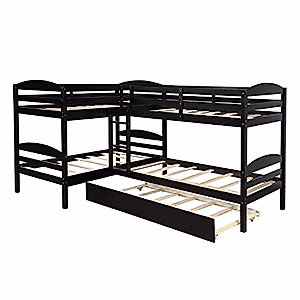 Harper & Bright Designs Quad Bunk Bed with Trundle, L Shaped Bunk Bed for 4 Kids, Wooden Twin Bunk Bed Frame for Kids Teens Adults - Espresso