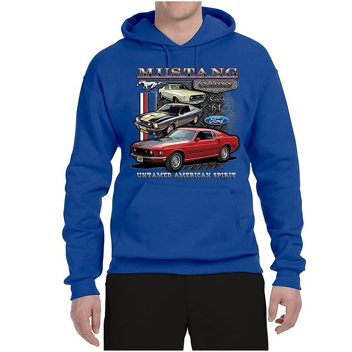 Wild Bobby Ford Mustang Classics Untamed American Spirit Cars and Trucks Unisex Graphic Hoodie Sweatshirt, Royal, Medium