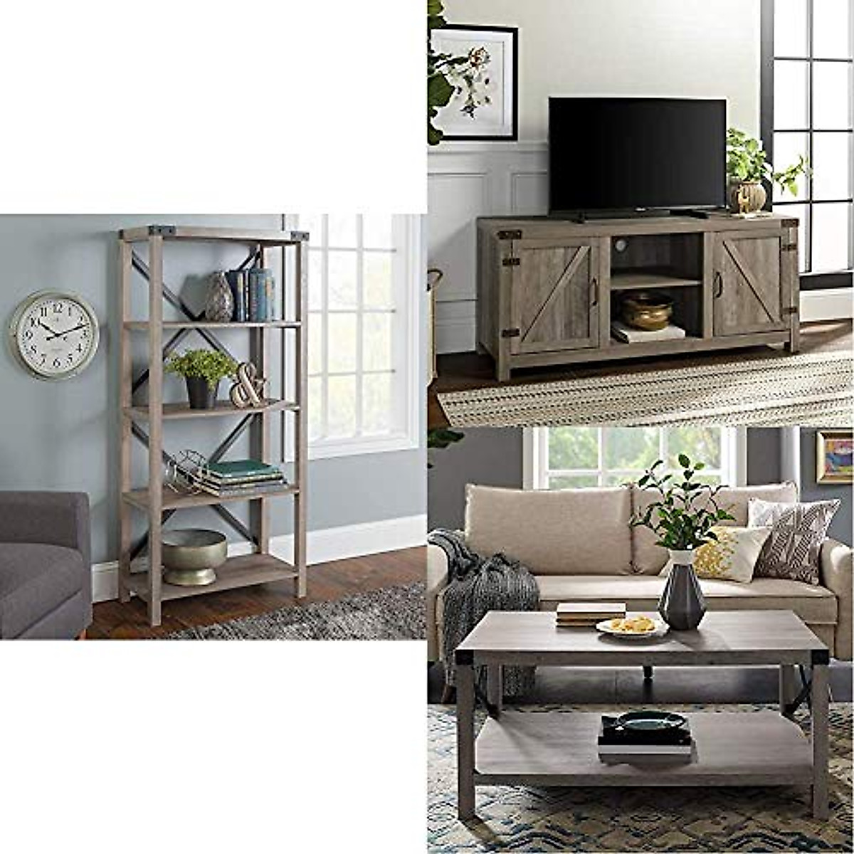 Walker Edison Furniture Wood Bookcase Bookshelf Home Office Living Room Storage, 4 Shelf, Gray Wash | Universal Stand for TV's up to 64", 58 Inch, Grey | Rectangle Ottoman Storage Shelf, Gray Wash