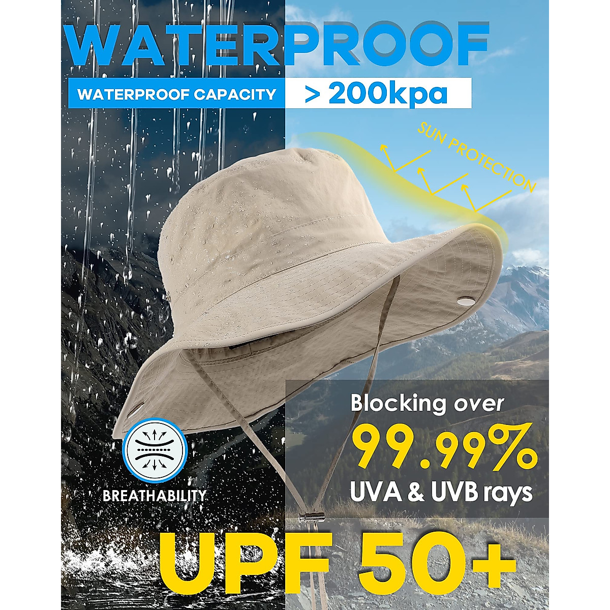 Waterproof Bucket Rain Hat for Women Wide Brim Summer UPF50+ Cowboy Sun Hat Men Foldable Soft Floppy Beach Hat Beige