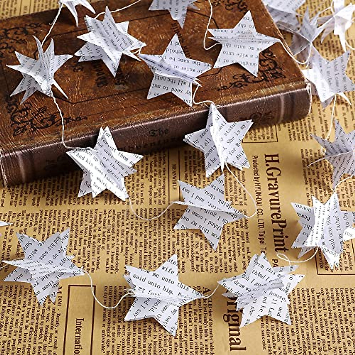 4 Pack Star Garland Book Pages Book Garland Newspaper Bunting Party Holiday Christmas Nursery Strand String Banner Wedding Garland Decorate(White)