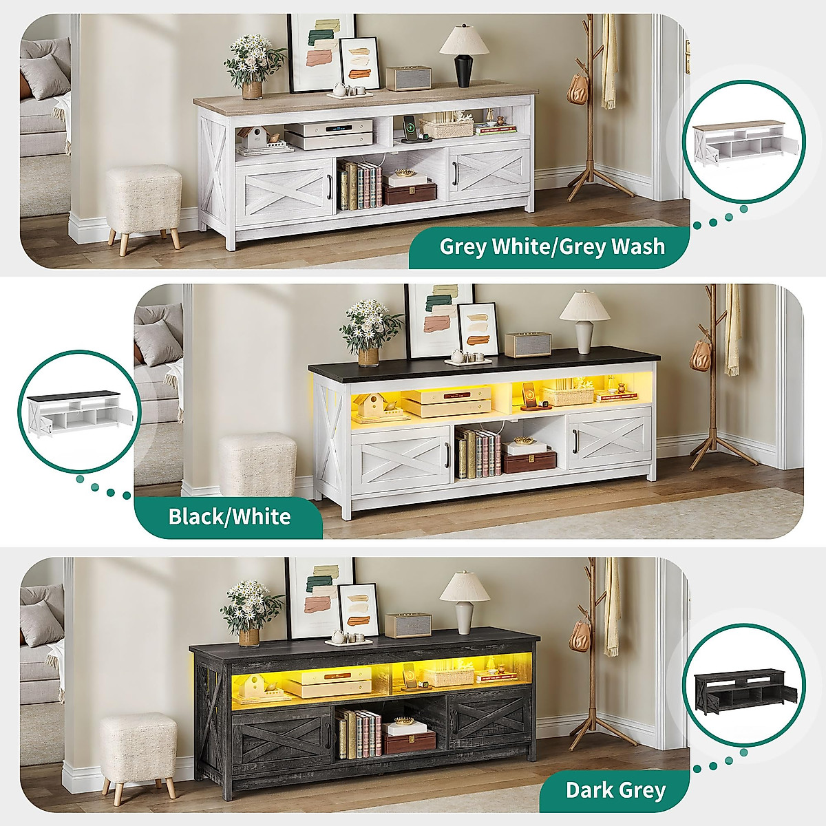 YITAHOME Farmhouse TV Stand for 75 65 Inch TV w/Power Outlets, LED Media Console with Storage Cabinets, Rustic Entertainment Center Table TV Cabinet for Living Room, 65'' Large TV Stand, Black/White