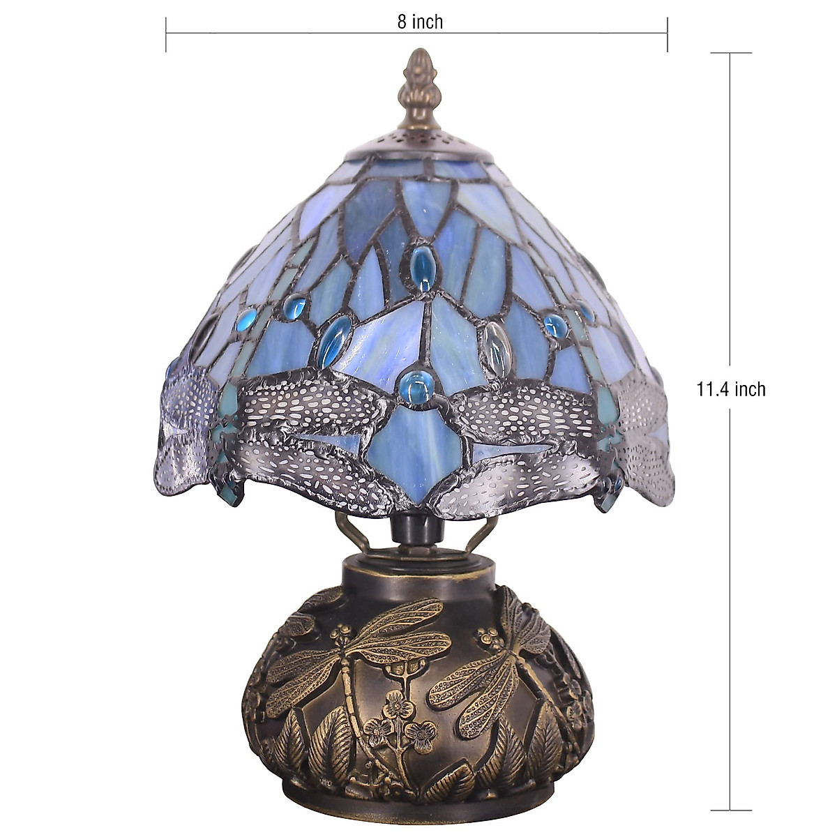 RHLAMPS Small Tiffany Lamp Mushroom Table Lamp, Sea Blue Dragonfly Style Mini Stained Glass Desk Memory Lamp Sympathy 8X11 Inch