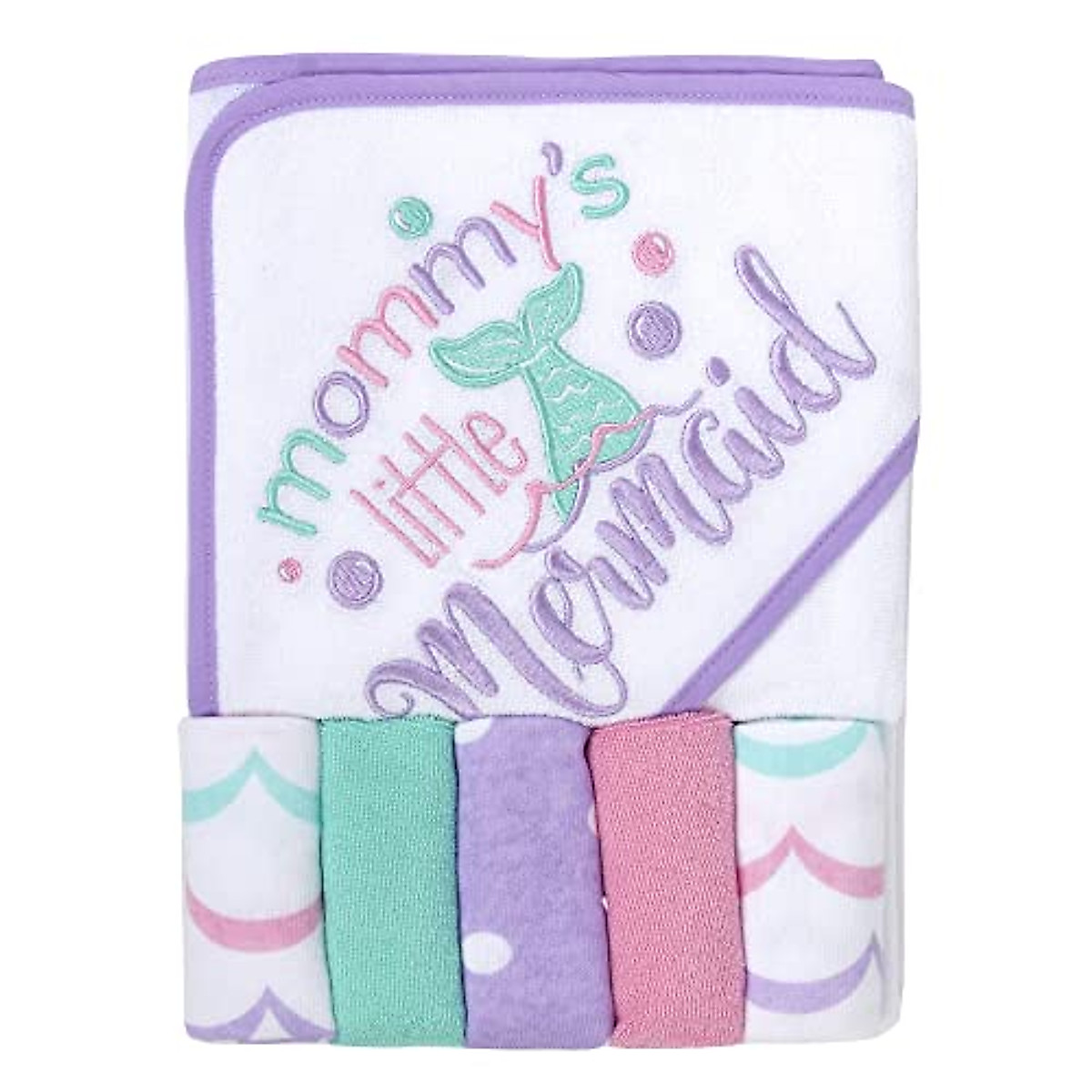 Baby Hooded Towel and Washcloth Set for Infants, Boys and Girls 6-12 Months (Mommy's Mermaid)