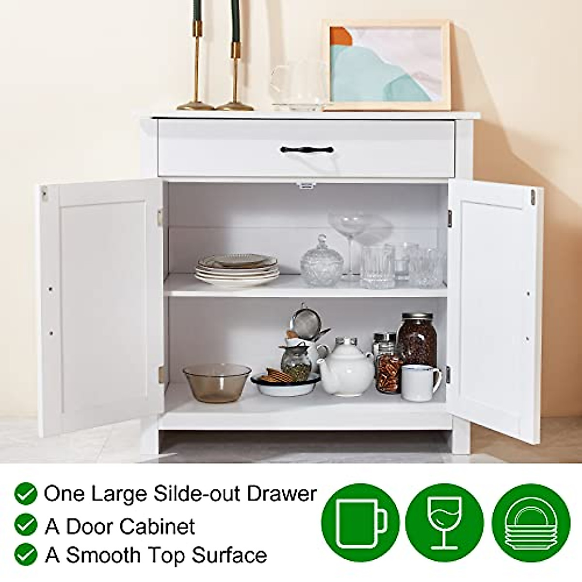 AVAWING Kitchen Sideboard Buffet Cabinet, Modern Farmhouse Kitchen Storage Cabinet with Drawer and Adjustable Shelf, Coffee Bar Cabinet for Kitchen, Dining Room, Bathroom, Entryway, White