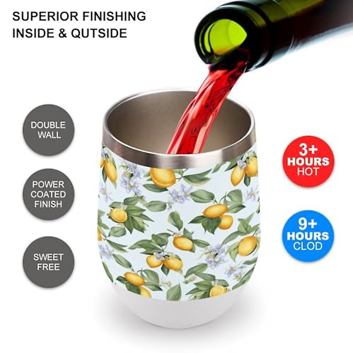 WYUSPGK 304 Stainless Steel Insulated Cup, Lemon Pattern Print Smooth Rim, Durable & Reusable - Perfect for Office, Home, And Travel
