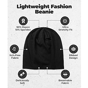 Lightweight Fashion Beanie for Men & Women - Soft Thin Ribbed Modal - Slouchy Style Black
