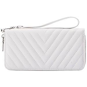 Brentano Vegan Leather Slim Single-Zipper Chevron Embroidered Wallet Clutch with Removable Wrist Strap (WHITE)