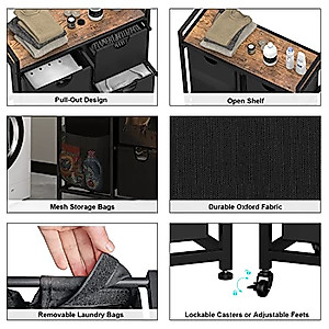 Tohomeor Laundry Sorter with 3 Laundry Basket Rolling Laundry Hamper Cart with Wheels Sliding Pull Out and Removable Laundry Basket Bags for Laundry Room Bathroom Bedroom (Rustic Brown)