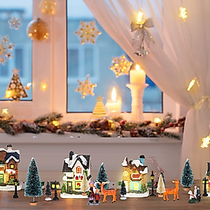 31 Pcs Christmas Village Figurines Decoration Set Lighted LED Christmas Village Houses with Figurines and Snow Blanket Roll for Christmas Town Scene Desktop Ornaments Battery Operated Landscape Decor