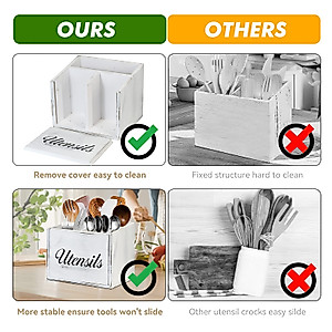 ugiftt Wooden Kitchen Utensil Holder for Countertop, Kitchen Utensil Caddy with 3 Compartments, Farmhouse Cooking Tools Storage Flatware Organizers for Silverware Forks Spoons Spatulas, Easy To Clean