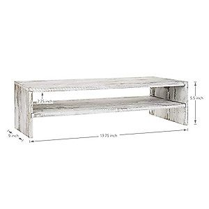MyGift Shabby Whitewashed Wood Computer Monitor and Laptop Riser Stand for Desk, 2 Tier Office Desktop Storage Shelf