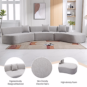 Merax Stylish Curved Sectional Sofa with Three Throw Pillows, Chenille Upholstered Modular Sleeper Couch for Living Room, Bedroom, Guest Rooms, No Assembly Required, Grey
