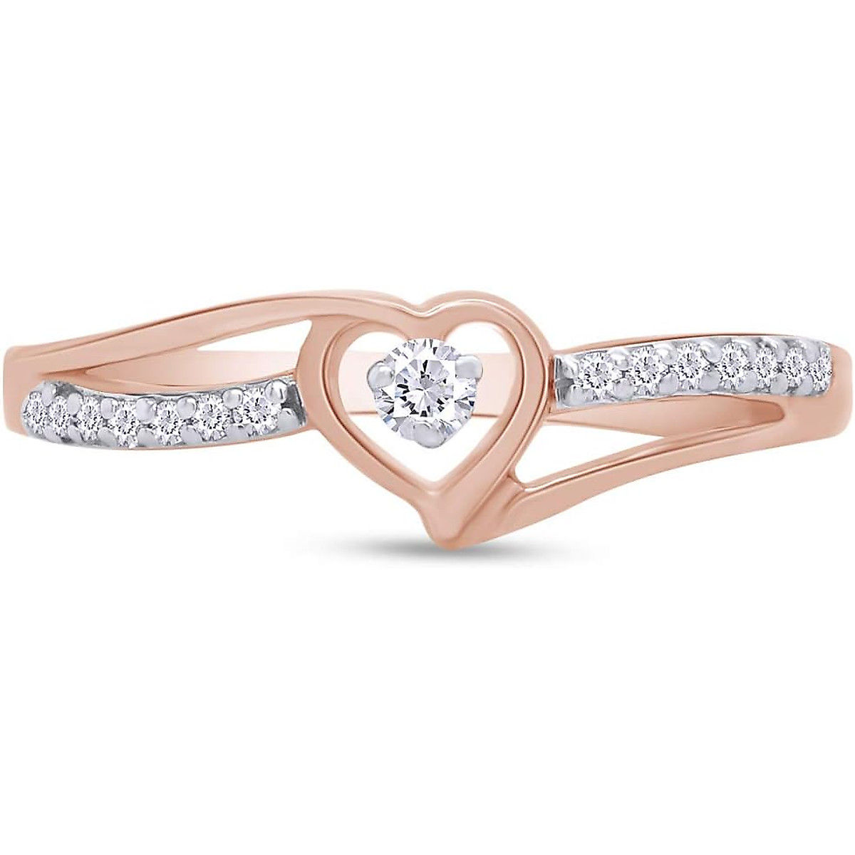 AFFY Round Cut Natural White Diamond Split Shank Heart Promise Bypass Engagement Ring In 14k Gold Over Sterling Silver (0.10 cttw, Color- I-J, Clarity- I2-I3) Gift For Her