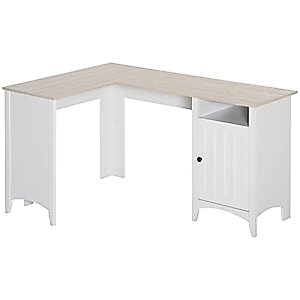 HOMCOM L-Shaped Computer Desk with Open Shelf and Storage Cabinet, Corner Writing Desk with Adjustable Shelf, White