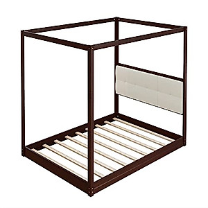 DOLPRNE Modern Queen Size Wooden Canopy Platform Bed with Upholstered Headboard,Multiple Choice for Kids Teen Adults Bedroom,Box Spring Not Required,Espresso