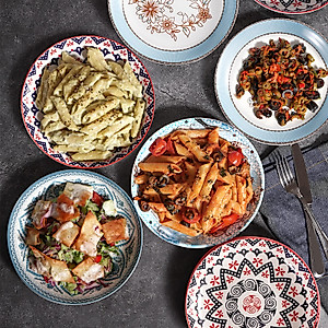 Artena Pasta Bowls Set Of 4, 20oz Porcelain Salad Bowls, 8 Inch Bowls For Kitchen, Colorful Dinner Plates & Solid Soup and Sandwich Plate Combo, 16 oz Soup Bowls/Mugs/Cups with Handles