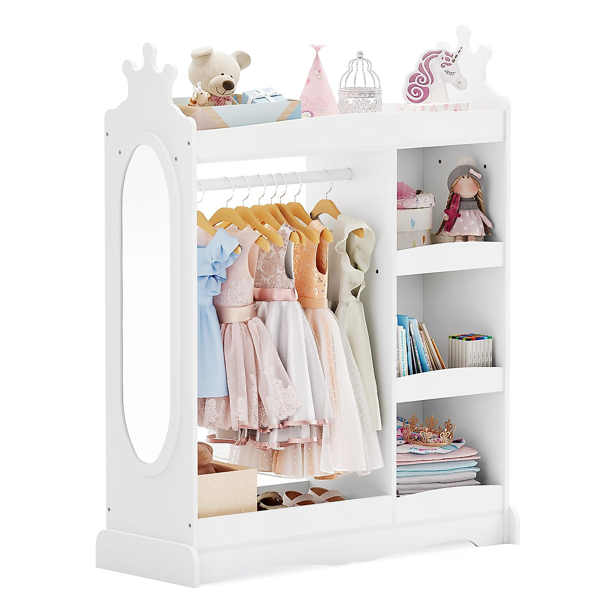 Curipeer Kids Dress up Storage with Mirror, Kids Wardrobe with 3 Hooks, Kids Closet for Girls Boys, Kids Armoire Costume Organizer for Bedroom, White