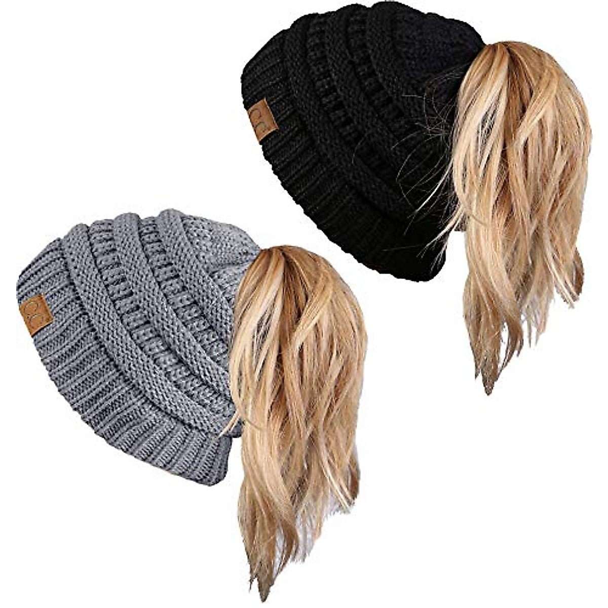 Funky Junque Messy Bun Beanie Tail Bundle - 1 Black, 1 Heather Grey (2 Pack)