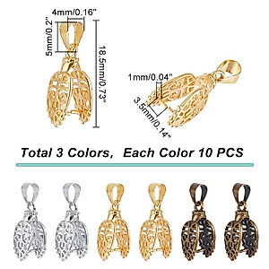 PH PandaHall Pinch Bails Hollow Curved, 30 pcs 3 Colors Brass Bail Clip Clasp Tibetan Dangle Charm Bead Pendant Connector for DIY Necklace Jewelry Craft, Platinum/Antique Bronze/Golden, 24mm, 1mm Pin