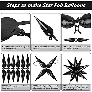 60 Pcs Black Star Balloons Explosion 12 Point Foil Cone Balloons Magic Starburst Balloons Large for Wedding Anniversary Backdrop Birthday Party Decorations