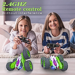 Remote Control Car for Boys 4-7, Rc Cars 2.4GHz 4WD Double Sided 360 Rotating with Sharp Dual-Color Headlights, Rc Stunt Car Birthday Xmas Gift for Boys Girls Kids 3 4 5 6 7 8-12 Years Old-Green