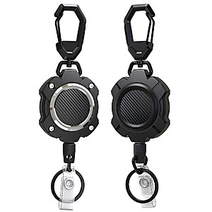 LIUGX 2 Pack Retractable Keychain, Heavy Duty Carabiner Key Chains, 10,000+ Rebound, Impact Resistance ID Badge Reels with 31.5” Wire Rope and Key Ring, Up to 8oz, Aluminum Ring, Carbon Fiber-Texture