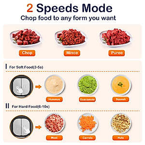 KOIOS 500W Powerful Electric Food Processor with 8 Cup Stainless Steel & Glass Bowls, 2 Speed Mode Electric Food Chopper with 2 Sets Blades Electric Meat Grinder Chopper for Family & Baby Use, Black