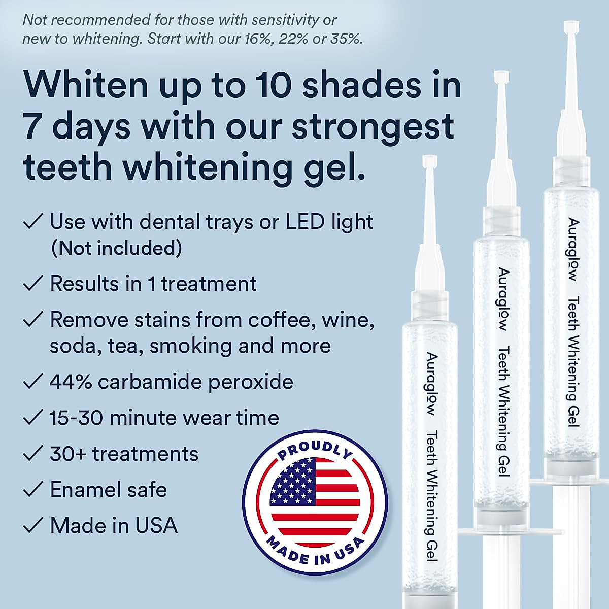 Auraglow 44% Teeth Whitening Gel Syringe Refill Pack, 44% Carbamide Peroxide, (3X) 5ml Syringes, 30 Whitening Treatments