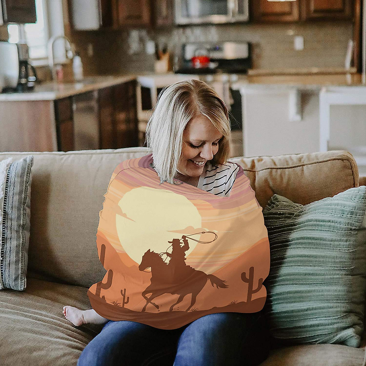 Western Landscape Baby Car Seat Cover, Multi-Use Nursing Cover for Boys, Girls, Infants, Snug Warm Stroller Covers for Babies, Doodles Horseman in The Sunset Cactus