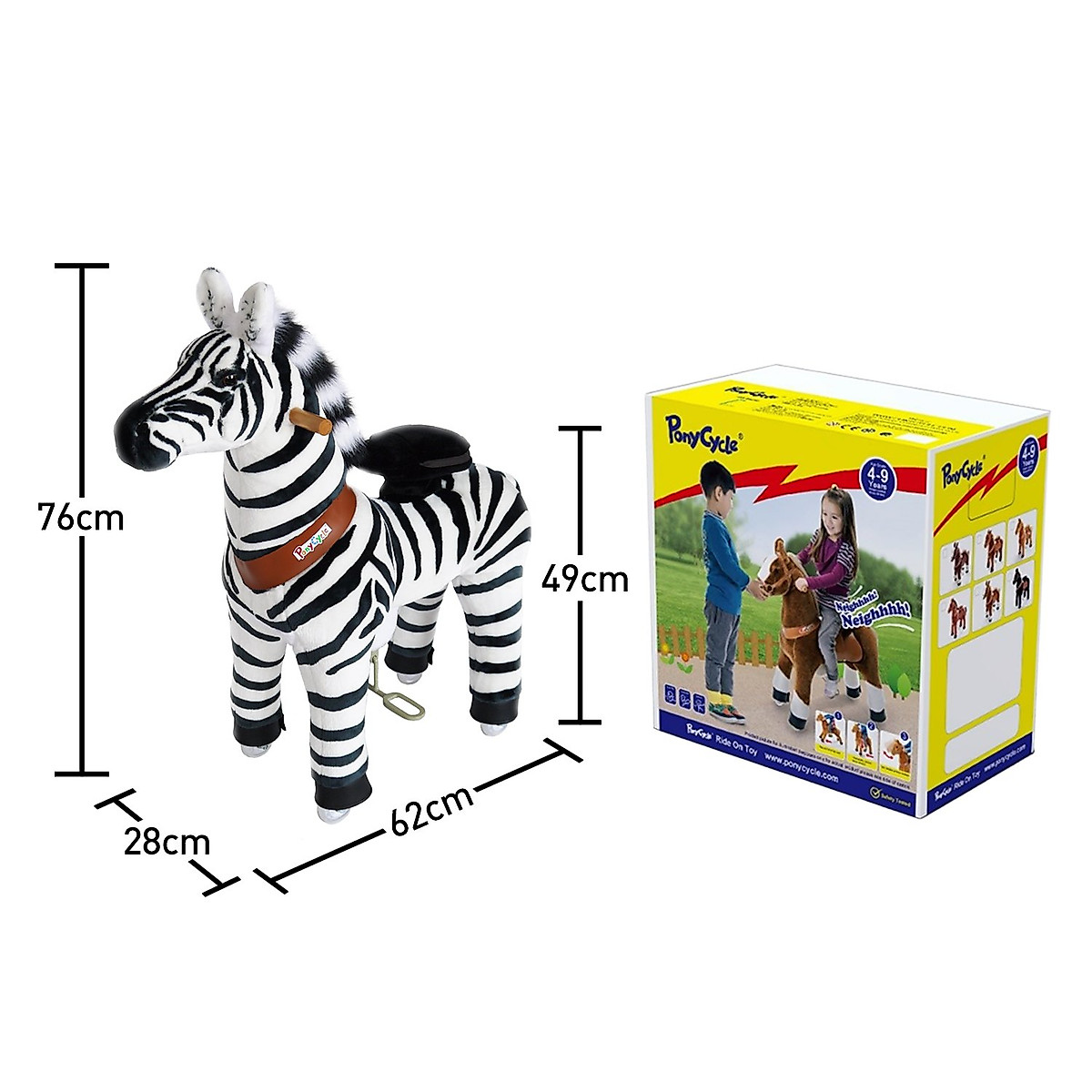 PonyCycle Ride-On Zebra with Brake & Pedal Pad Mechanical Horse Toy Classic Model U Giddy up Pony Plush Walking Animal Size 3 for Age 3-5 Years - Ux368 with White Pedal Pad.