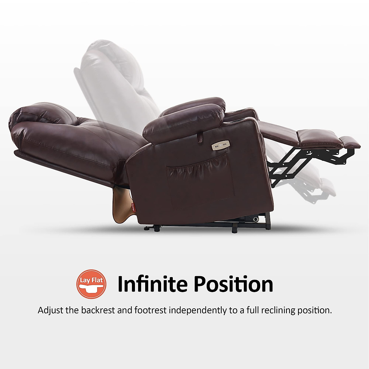 MCombo Large Lay Flat Dual Motor Power Lift Recliner Chair Sofa with Massage and Heat, USB Ports, Extended Footrest, for Elderly People, Infinite Position, Faux Leather 7815 (Dark Brown)